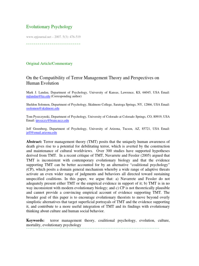 Evolutionary Psychology: On The Compatibility of Terror Management ...