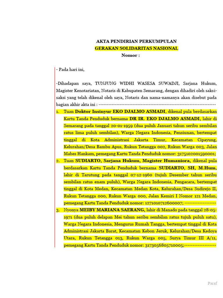 Draft Pendirian Akta Perkumpulan (Untuk Dikoreksi) Gersona | PDF