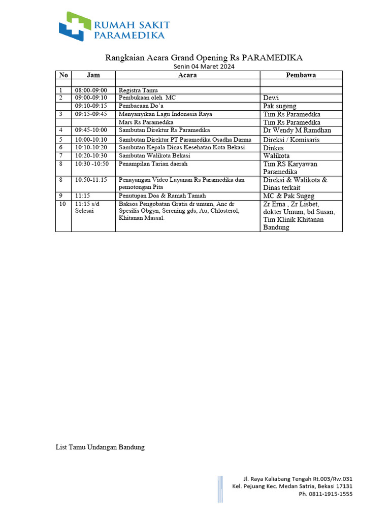 Rangakaian Acara Grand Opening Rs Paramedika | PDF