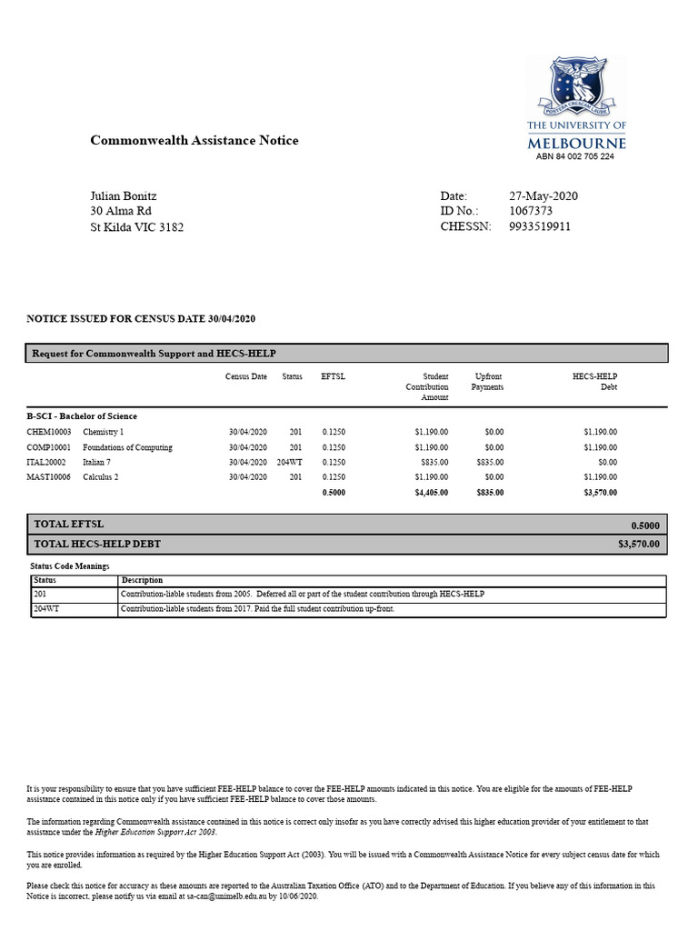 Student HECS-HELP Debt Summary | PDF | Liability (Financial Accounting ...