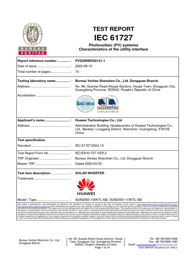 SUN2000-100M2 - 115M2 IEC61727 TestReport Rel - BV - 20220915 | PDF ...