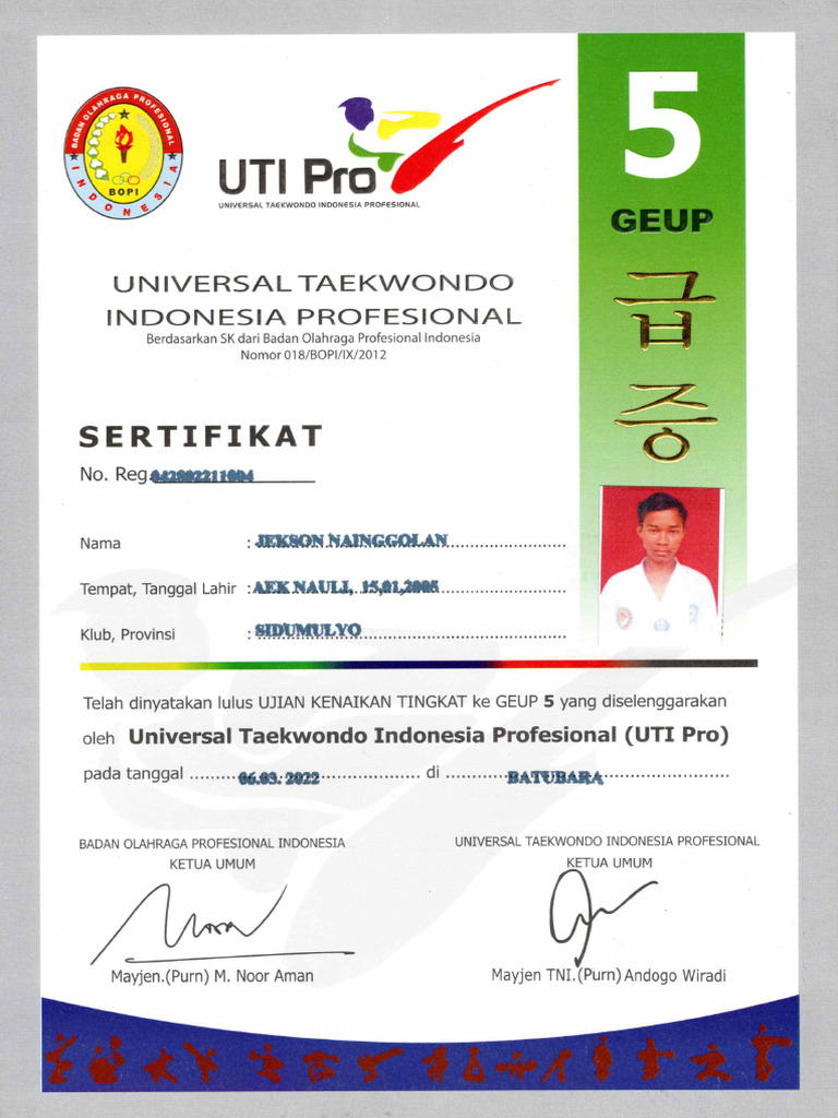 Sertifikat Taekwondo UTI Pro JEKSON NAINGGOLAN | PDF