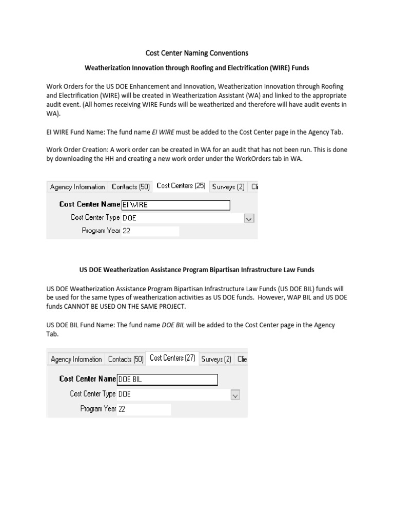 Cost Center Naming for Weatherization Funds | PDF