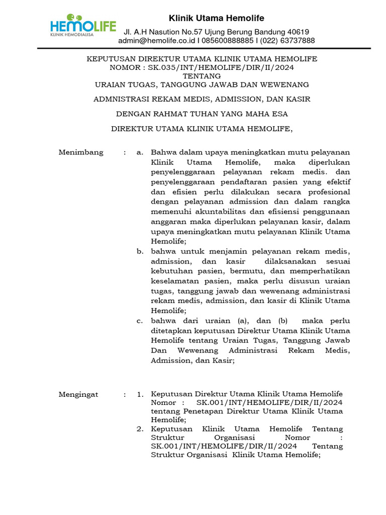 Tugas dan Wewenang Klinik Hemolife | PDF