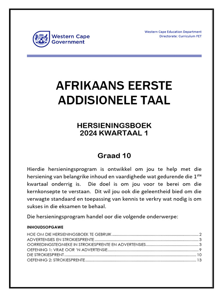 Graad 10 Afrikaans EAT HERSIENINGSBOEK KW 1_2024 | PDF