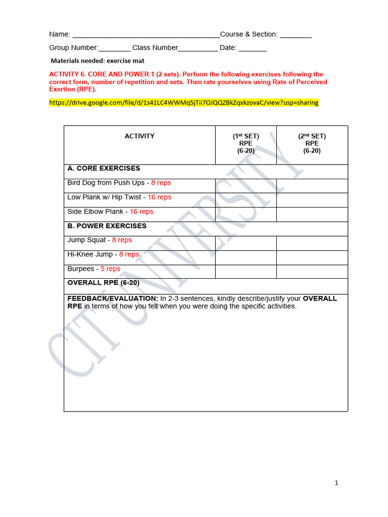 Pe104 Workout Scoresheets (Act. 6-18) Updated | PDF | Physical Fitness ...