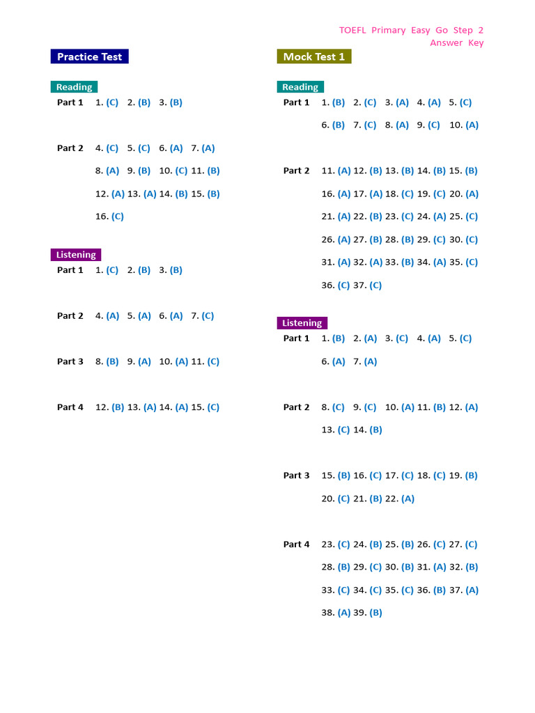TOEFL Primary Easy Go Step 2 - Answer Key | PDF | Test Of English As A ...