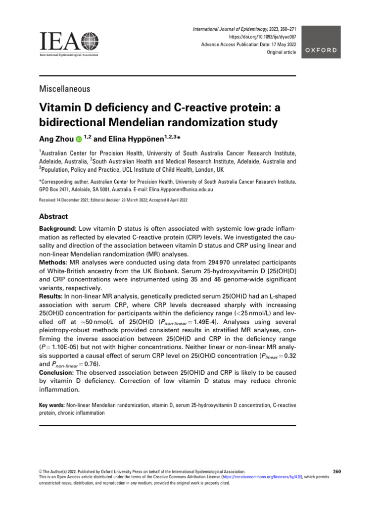 Vit D Deficiency and CRP - A Bidirectional Mendelian Study 2023 | PDF | Genome Wide Association ...