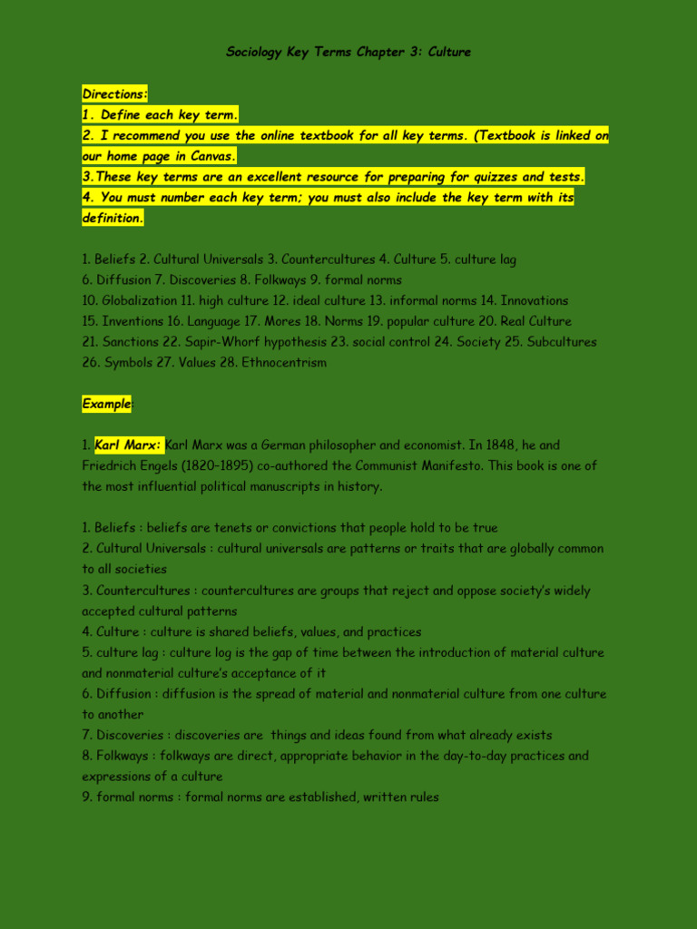 Chapter 3 Key Terms: Culture | PDF | Society | Karl Marx
