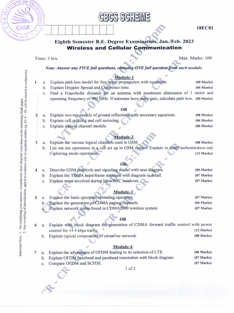 VTU Question Paper of 18EC81 Wireless and Cellular Communication Jan-Feb-2023 | PDF