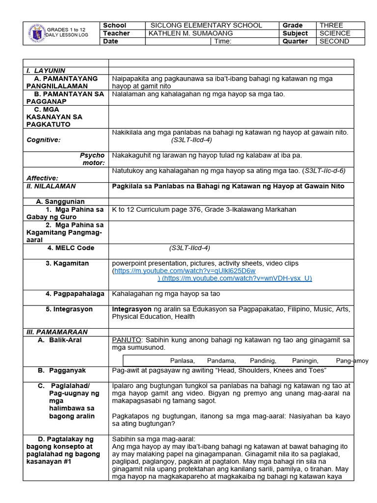 LP Agham Bahagi NG Katawan NG Hayop | PDF