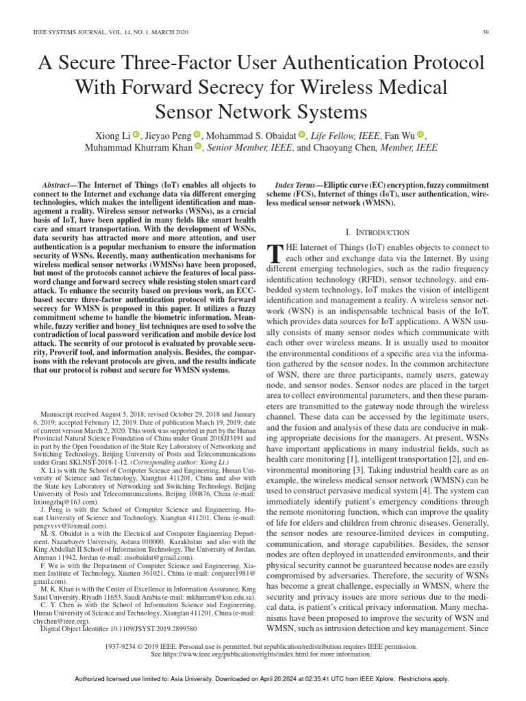 A Secure Three Factor User Authentication Protocol With Forward Secrecy For Wireless Medical
