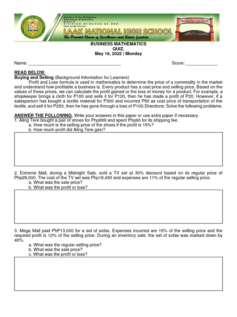 Business Mathematics Quiz on Profit & Loss | PDF | Career & Growth ...