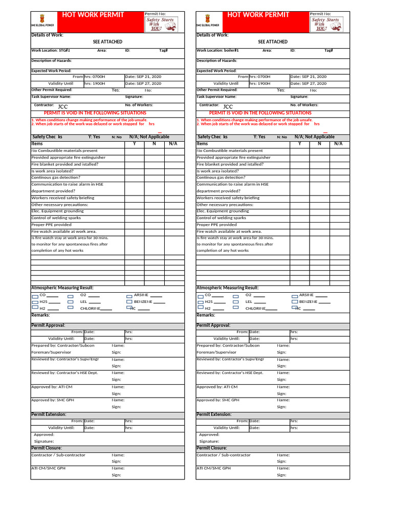 Hot Work Permit Details and Safety Checks | PDF | Combustion | Fires