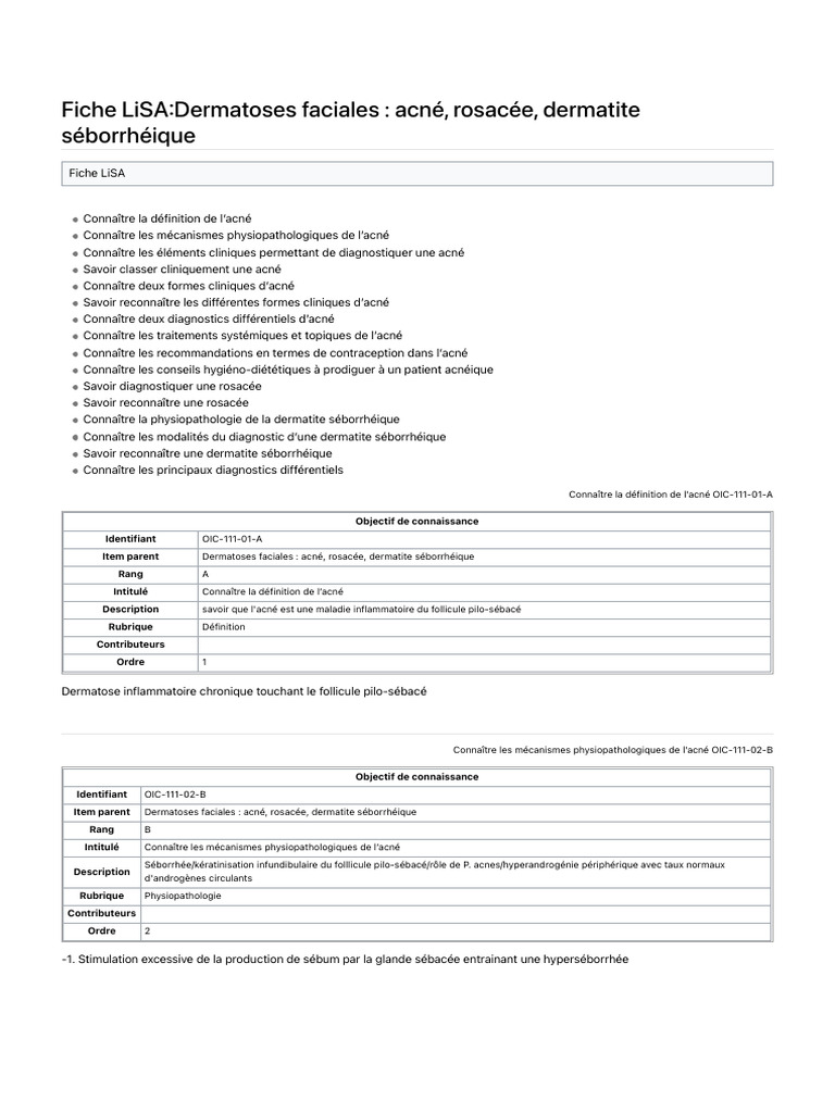 Fiche LiSA : Acné et Dermatoses Faciales | PDF | Maladies et troubles ...