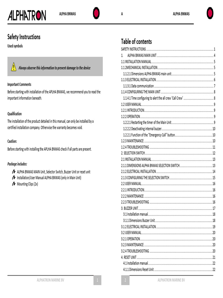 220-BNWAS Alphatron AlphaBNWAS Main Unit Installation Manual 6-12-2012 ...