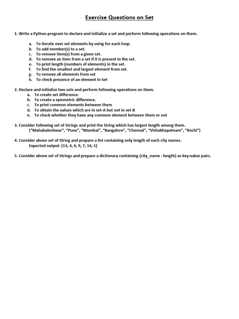 Exercise Questions On Set 1 | PDF