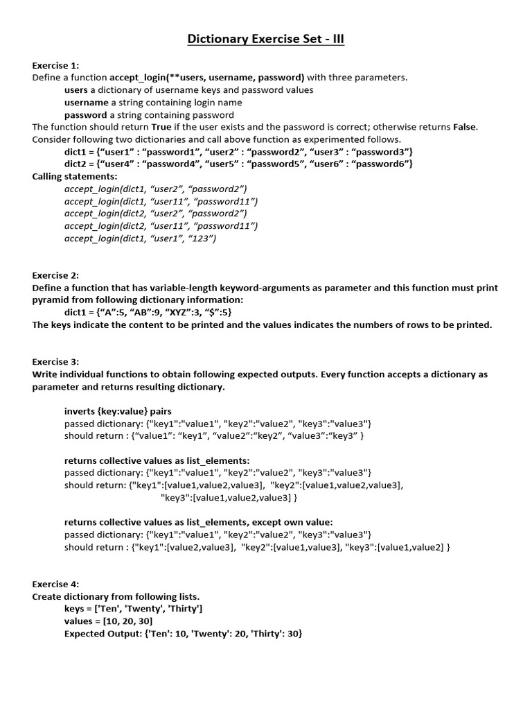 Exercise Questions On Dictionary - III | PDF | Password | Parameter (Computer Programming)