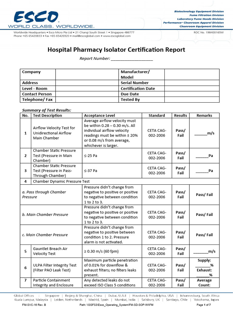 FM-SVC-16-B Hospital Pharmacy Isolator Certification Report ...