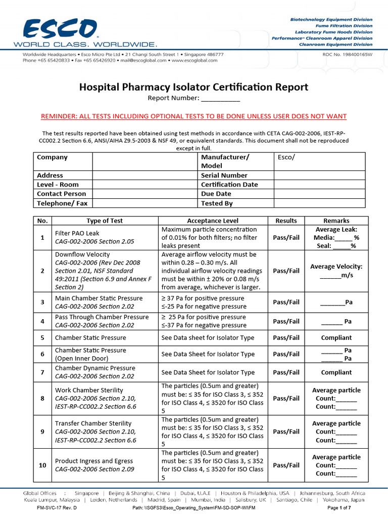 FM-SVC-17-D Hospital Pharmacy Isolator Certification Report - Esco | PDF | Pressure