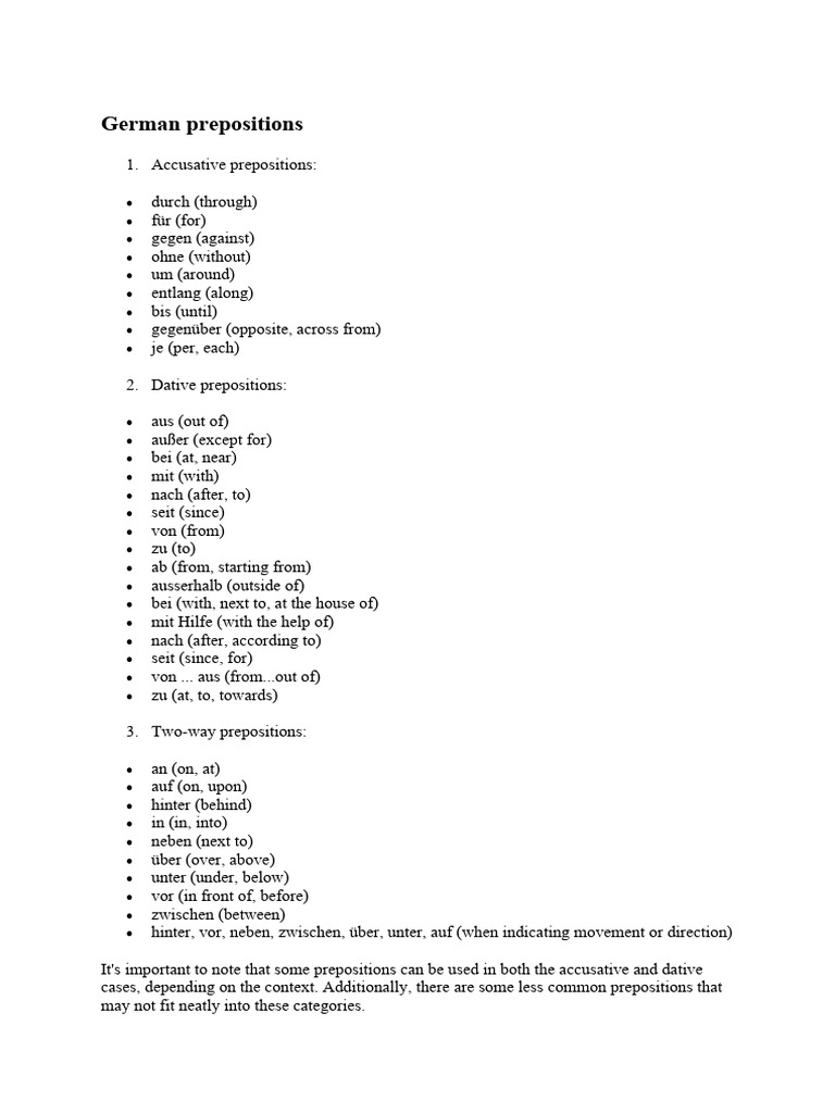 German Prepositions With Examples March 28 | PDF