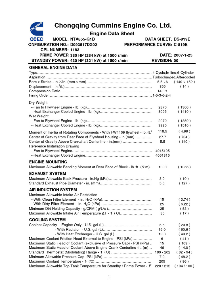 Technical Data Sheet Cummins NTA855G1B Stamford HCI444E | PDF ...