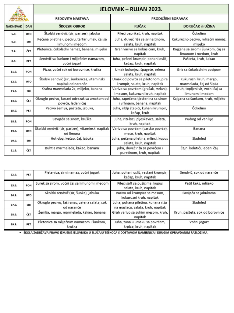 Jelovnik - RUJAN 2023) | PDF