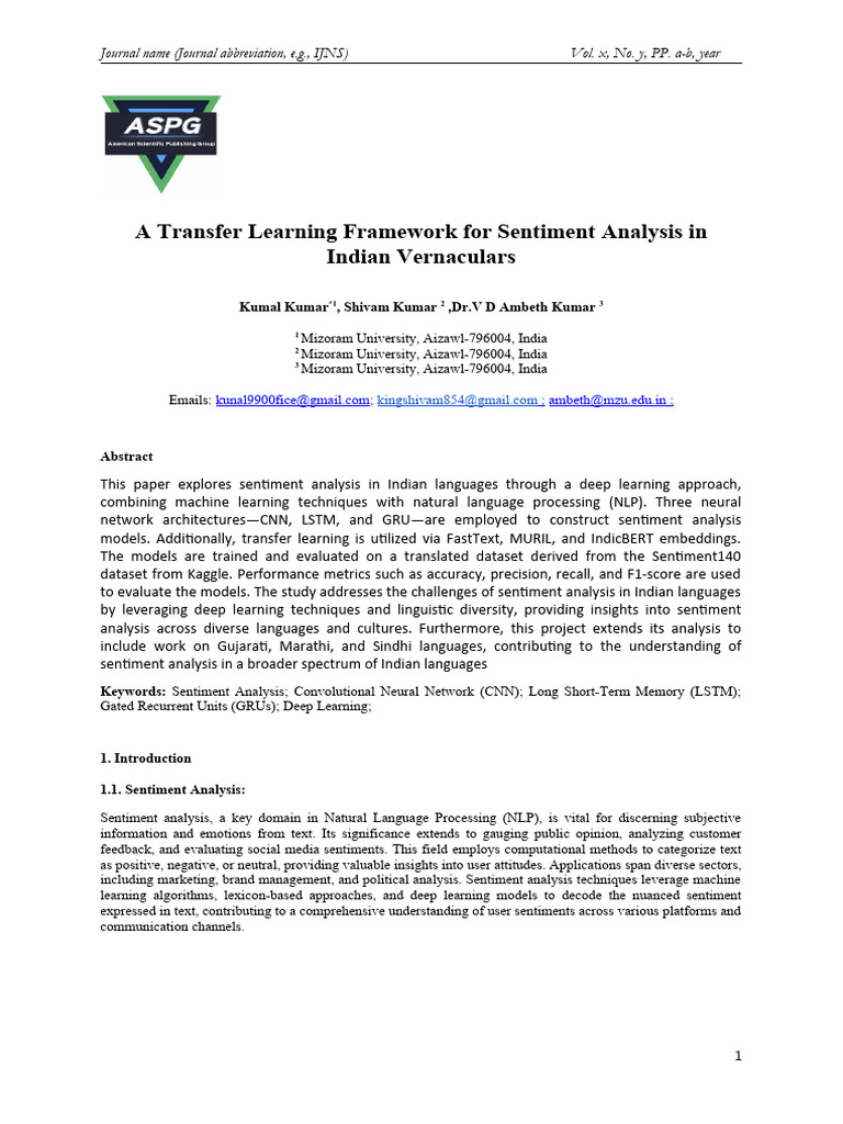 A Transfer Learning Framework For Sentiment Analysis in Indian Vernaculars | PDF | Artificial ...