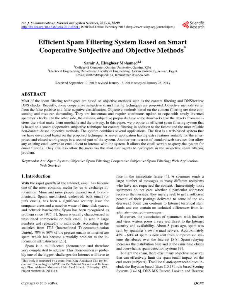 Efficient Spam Filtering System Based On Smart Cooperative Subjective and Objective Methods ...