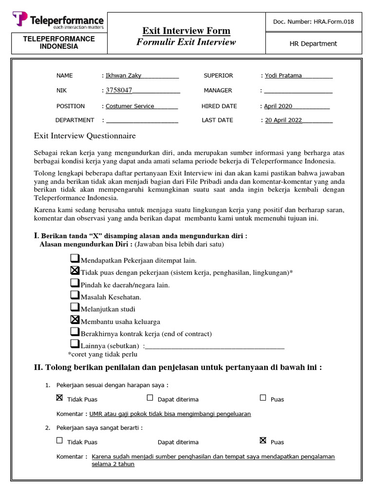 Form Exit Interview 2019 Version | PDF