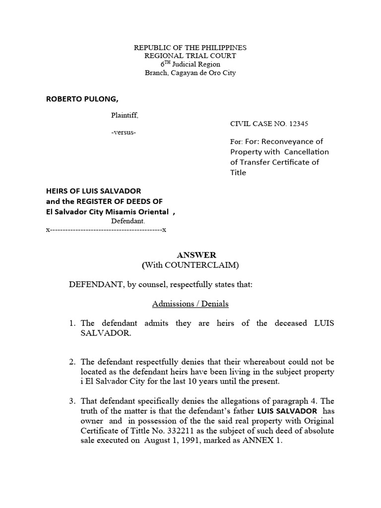 Sample ANSWER For Annulment of Deed of Sale | PDF | Lawsuit | Deed