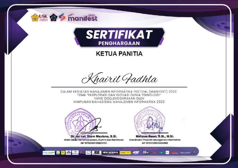 Sertifikat Ketua Panitia MANIFEST 2023 - 11zon | PDF
