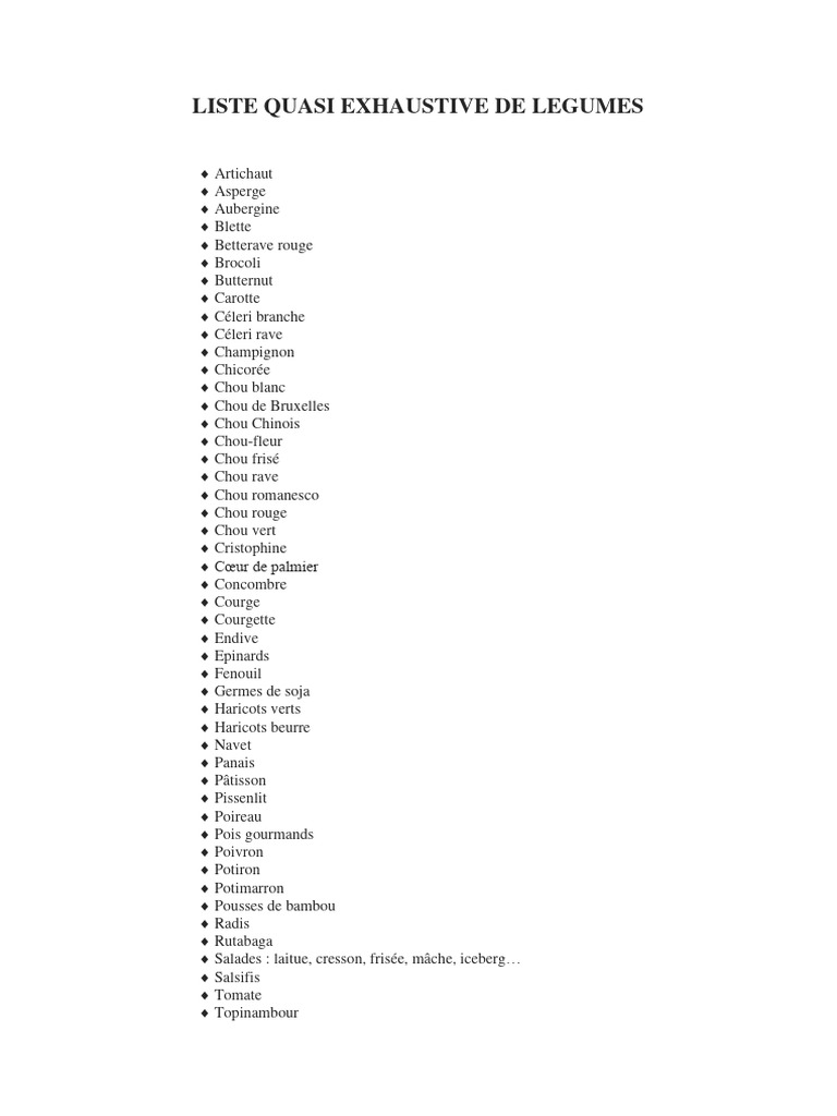 Liste complète des légumes | PDF | Livres de cuisine, nourriture et vin