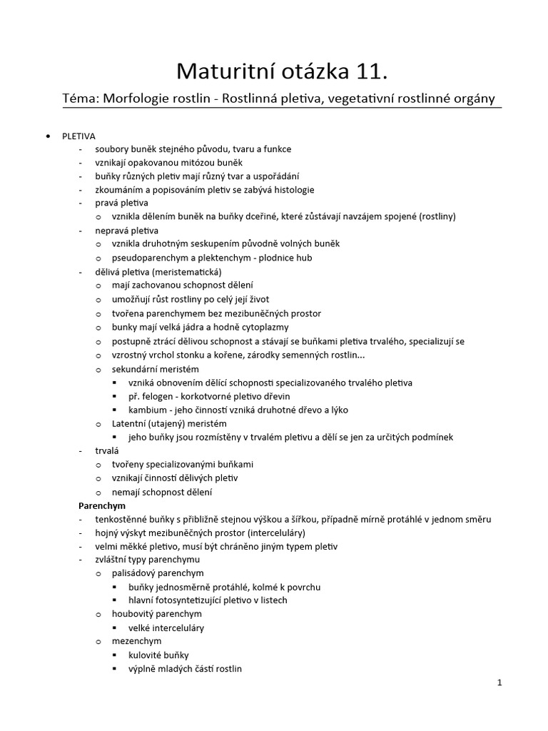 Maturitní Otázka 11 - Morfologie Rostlin (Pletiva, Orgány) (1) | PDF