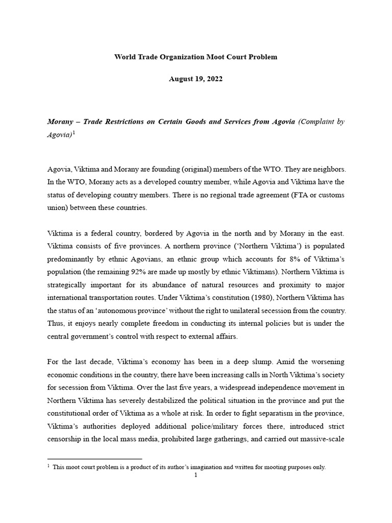 2022 WTO Moot Court Problem | PDF | World Trade Organization | Most Favoured Nation