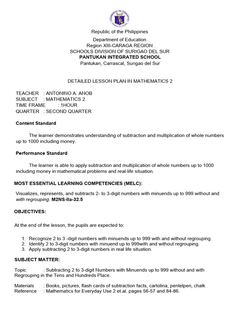 Fleeting Lesson Plan q2 | PDF | Subtraction | Mathematics