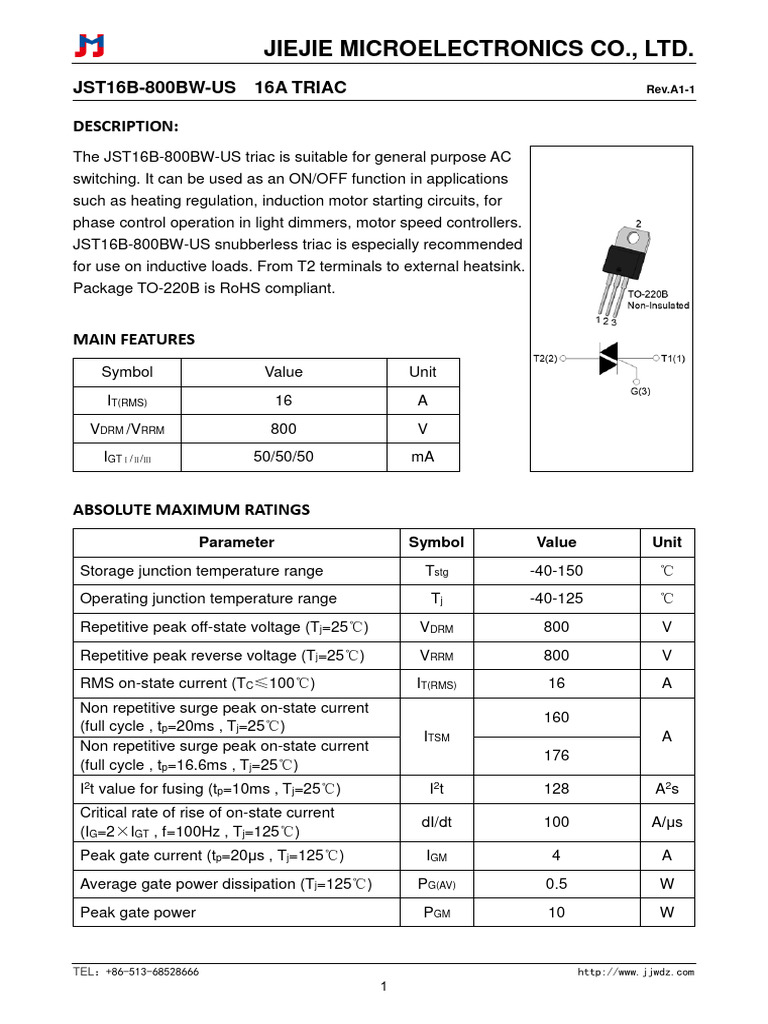 JST16B-800BW-US Triac Specifications | PDF | Electronic Engineering | Electrical Components