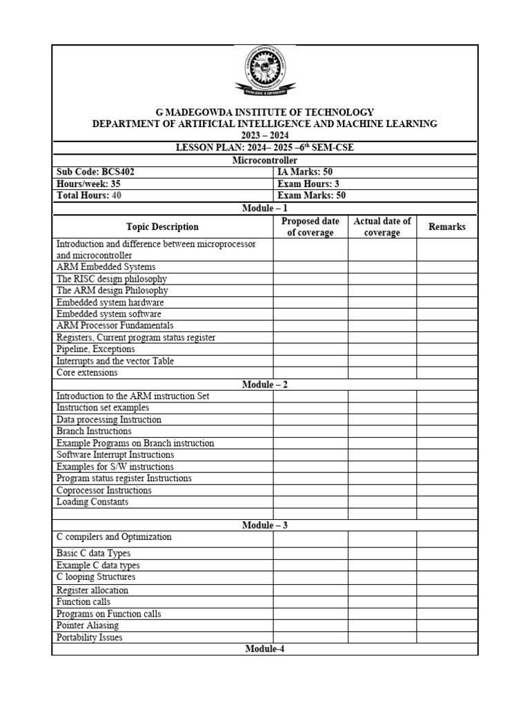 BCS402 MC Lesson Plan | Download Free PDF | Cpu Cache | Microcontroller