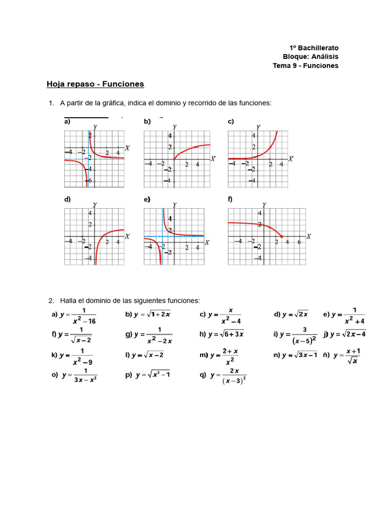 Hoja repaso Funciones Bachillerato | PDF | Función (Matemáticas)