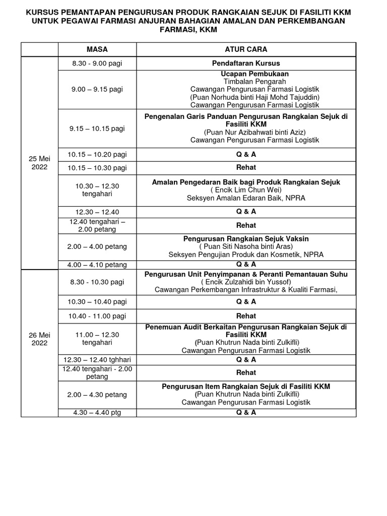 Tentatif Kursus Cold Chain | PDF