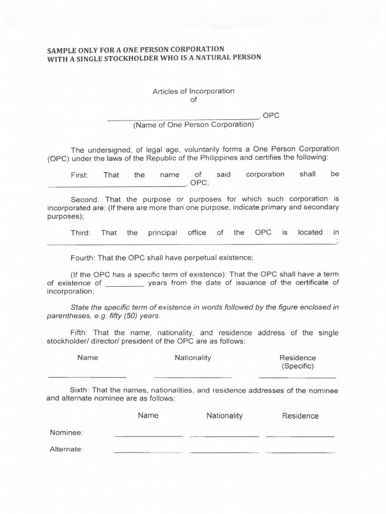 SEC Templates For OPC | PDF | Articles Of Association | Corporations