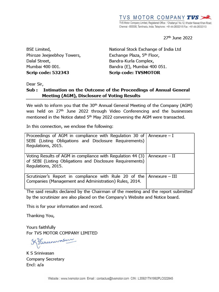Outcome of AGM - 30th | PDF | Electronic Voting | Absentee Ballot