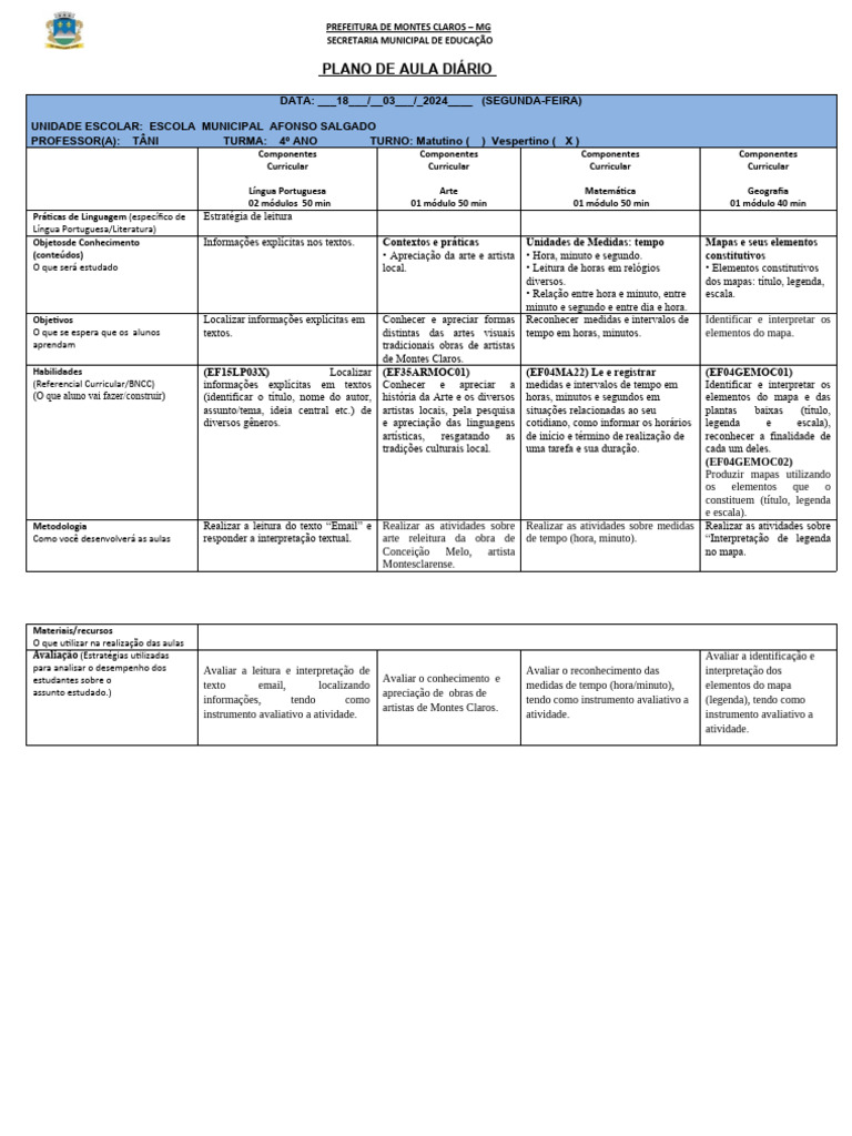 Plano de Aula Diário 18 A 30 Março | PDF | Tempo | Lua