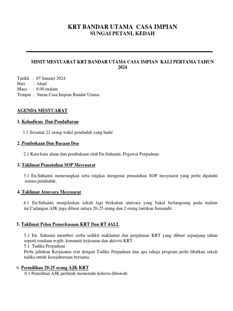 01.Minit-Mesyuarat-KRT CASA IMPIAN 7-1-2024 | PDF
