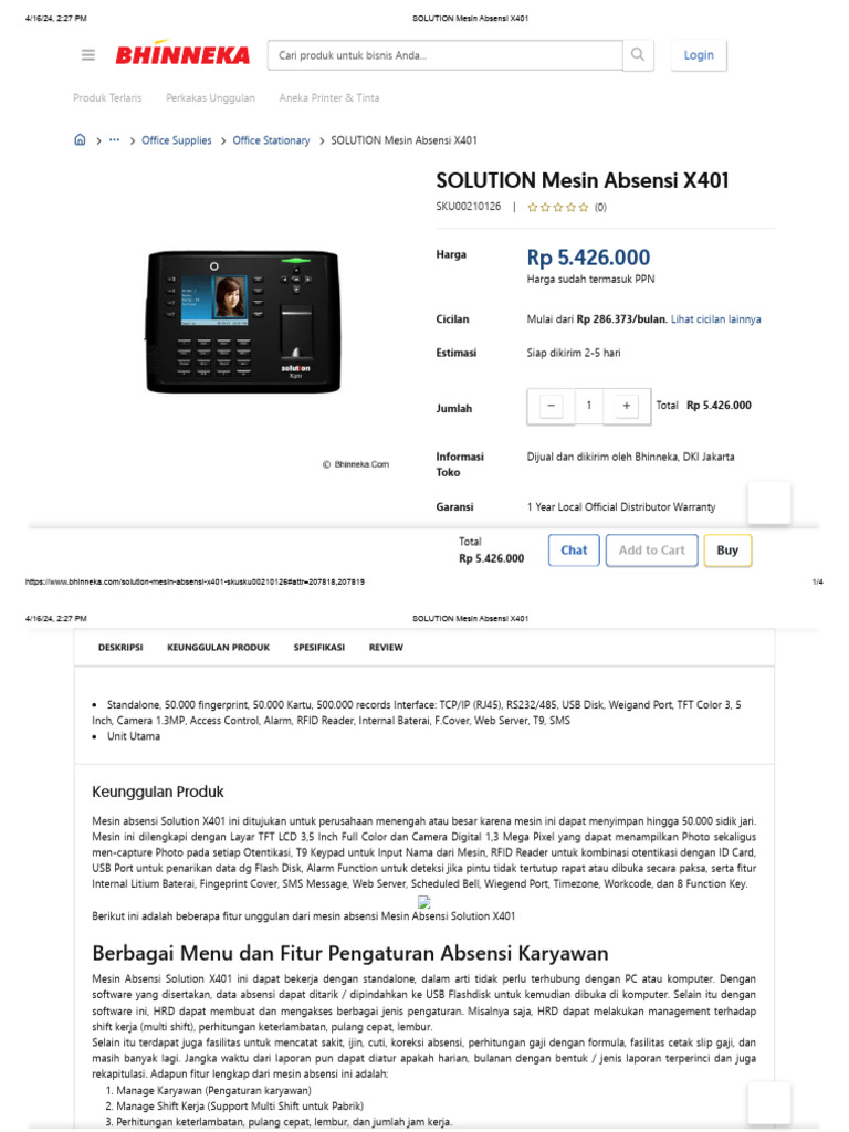 SOLUTION Mesin Absensi X401 | PDF