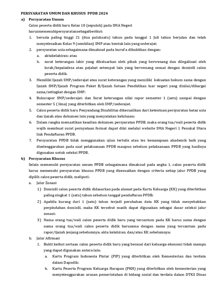 Persyaratan Umum Dan Khusus PPDB 2024 | PDF