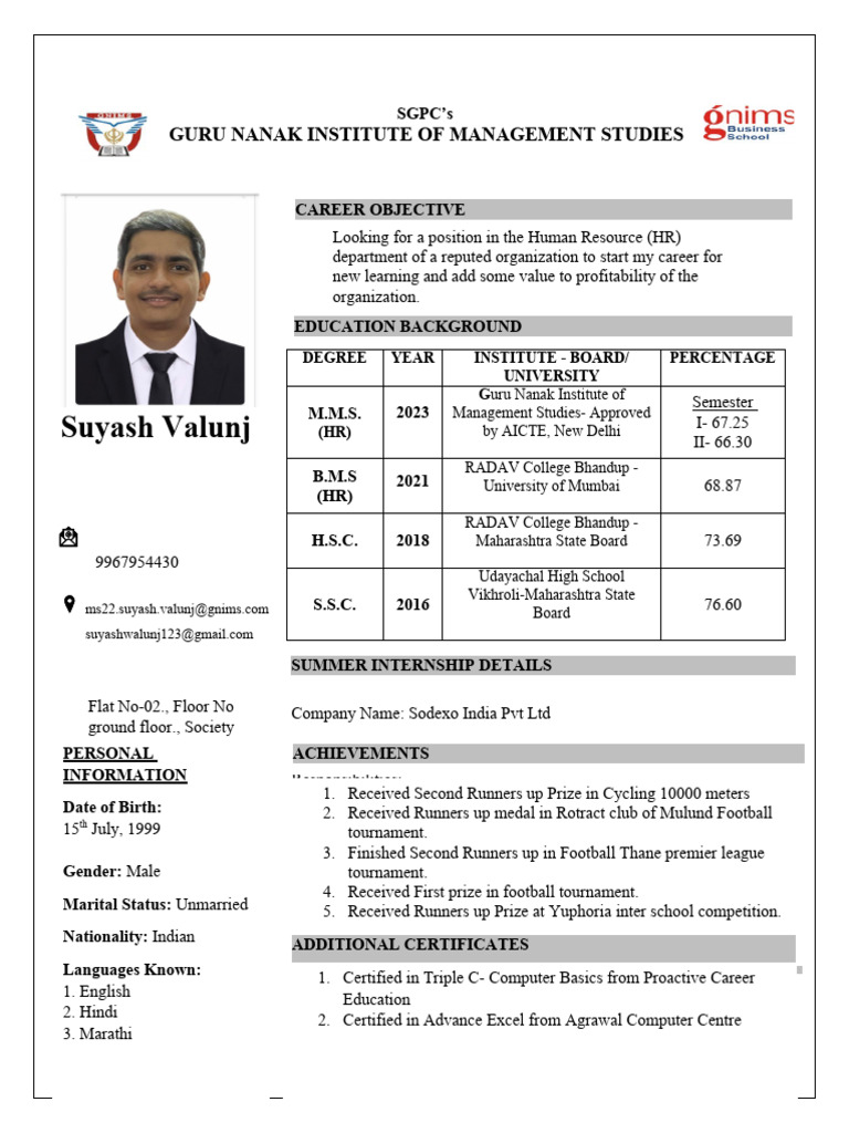 Suyash Valunj MMS A-60 Resume | PDF | Mumbai