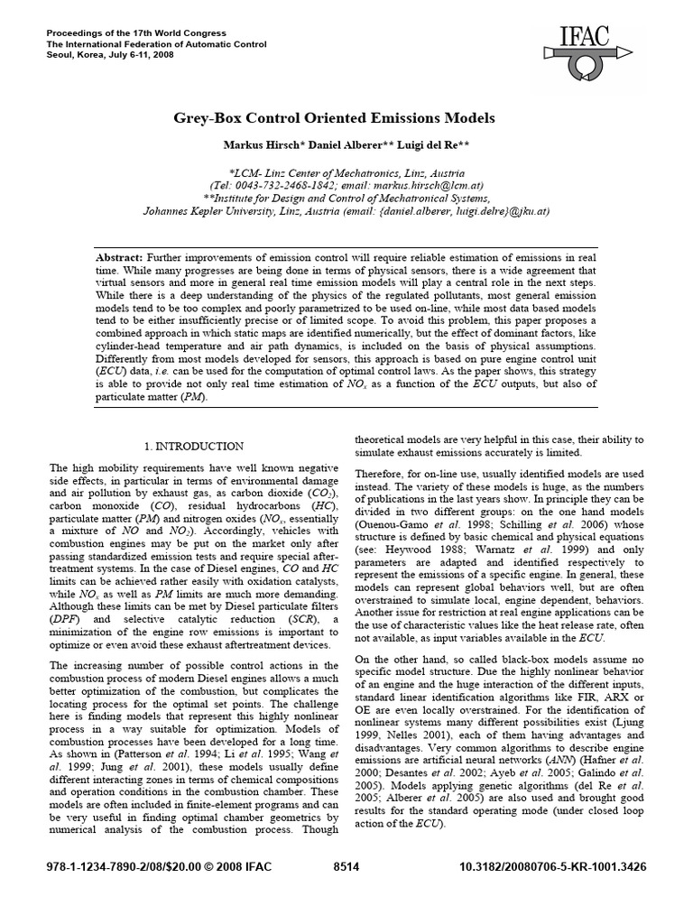 Grey-Box Control Oriented Emissions Models: Markus Hirsch Daniel ...