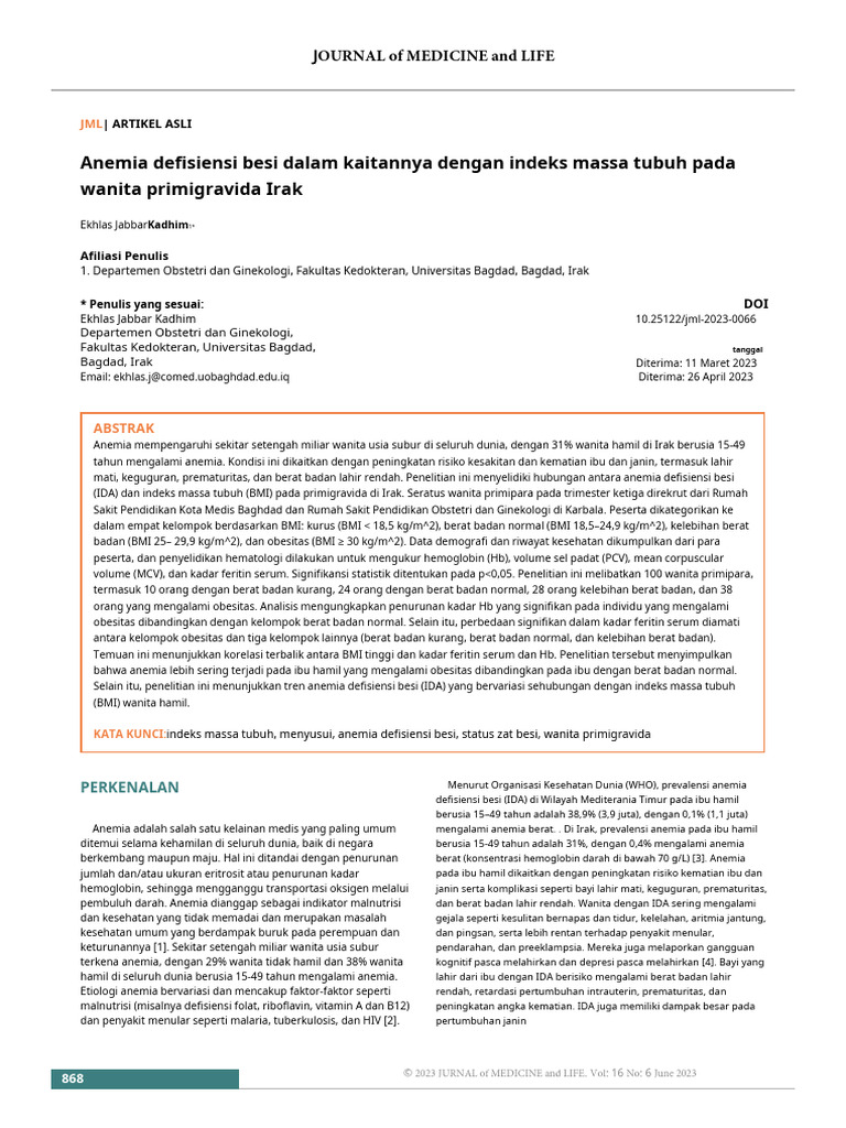 Anemia Defisiensi Besi Dalam Kaitannya Dengan Indeks Massa Tubuh Pada ...