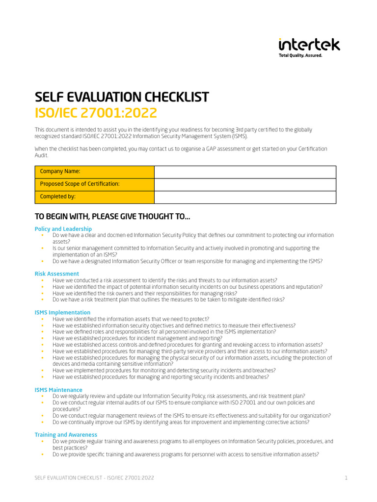 ISO IEC 27001 2022 Transition SELF EVALUATION CHECKLIST ISO - IEC 27001 - 2022 | Download Free ...